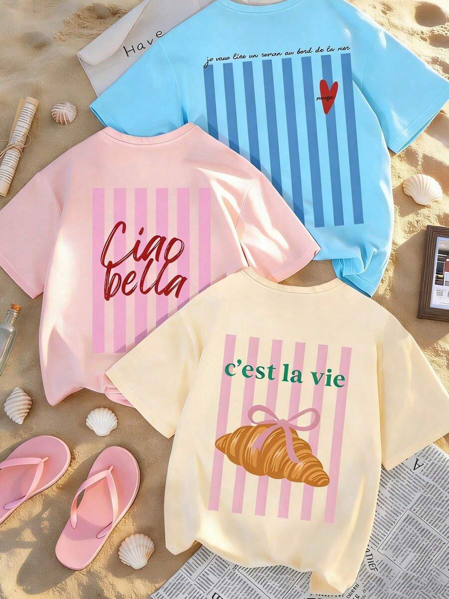3pcs/Set Tween Girls' Printed Short Sleeve T-Shirts, Suitable For Tween ...