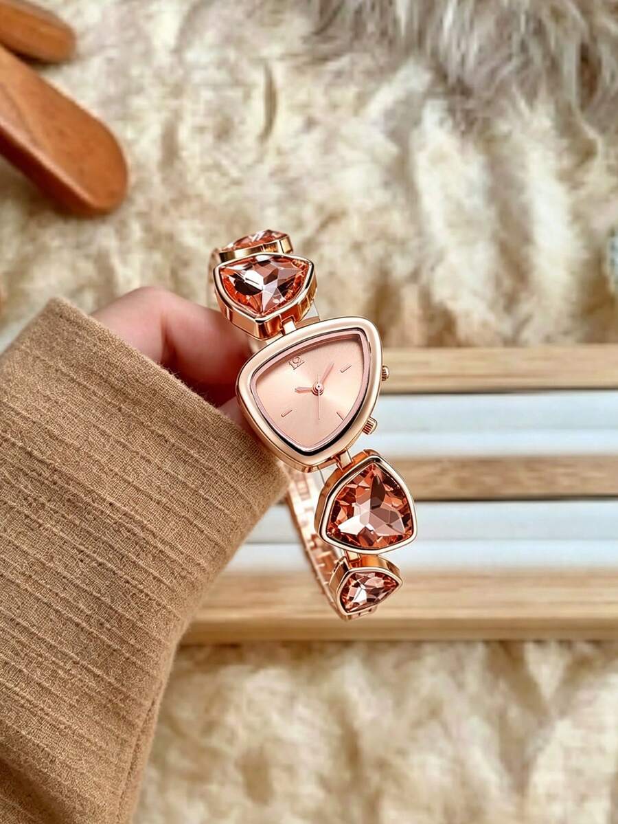 1pc Women Triangle Bangle Watch, Champagne Crystal Inlaid Irregular ...
