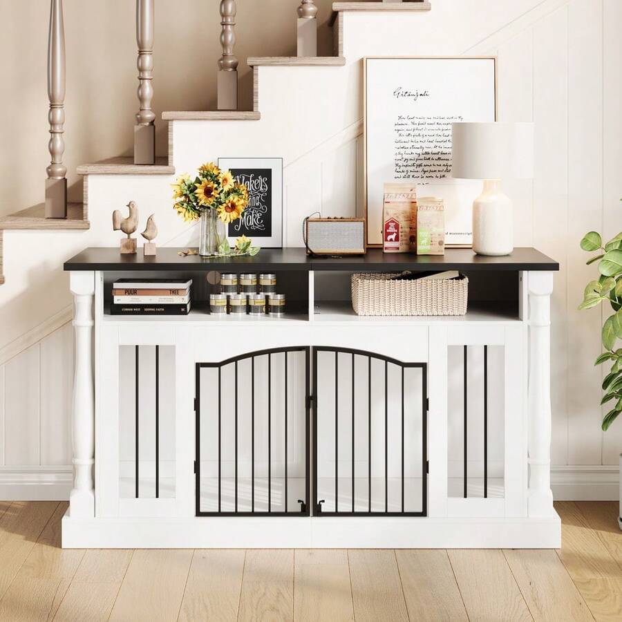 BouPower 63" Large Dog Crate Furniture For 2 Dogs, Heavy Duty Wooden ...