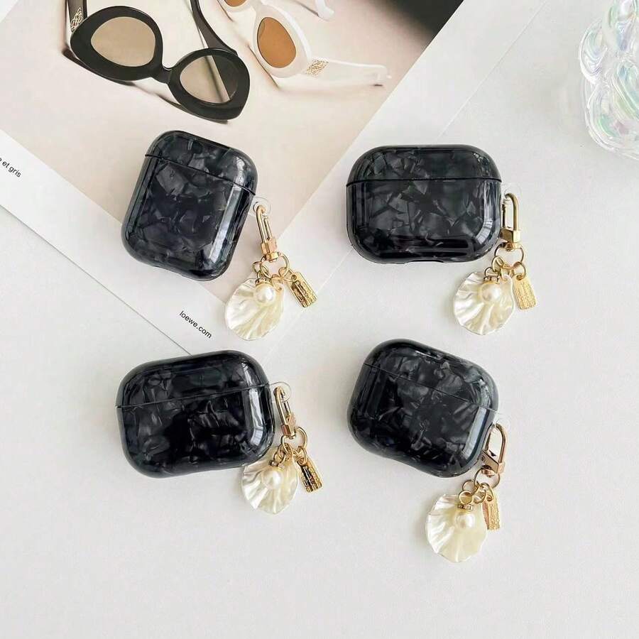 1pc Black Shell Texture Earphone Case With Small Pearl Hanging Chain ...