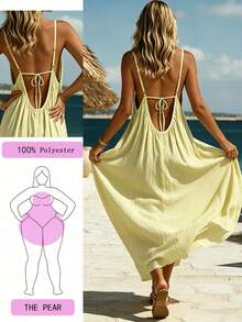 Women's Solid Color Casual Woven Fabric Backless Tie-Up Dress, Beach ...
