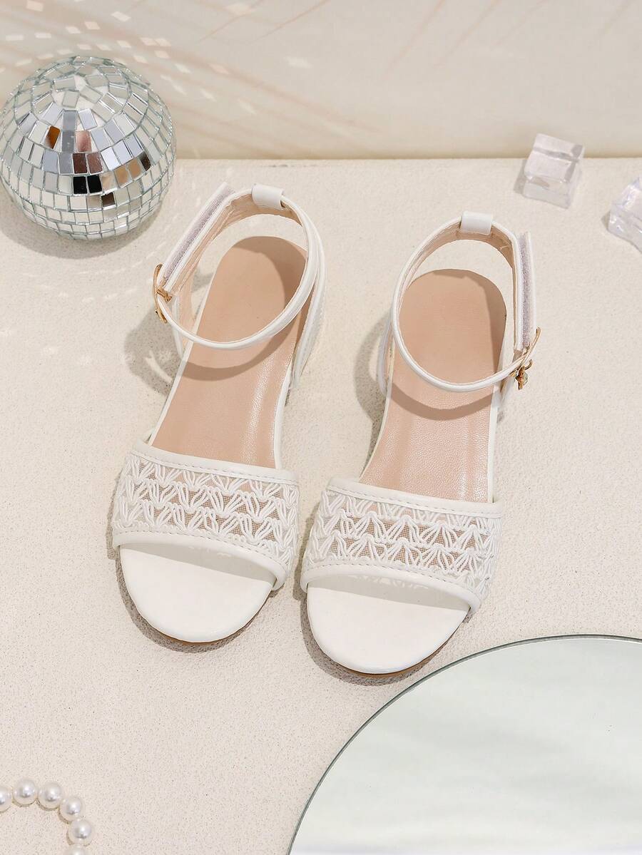1 Pair Girls' Woven High Heel Sandals, White Mesh Pastoral Style Sweet ...