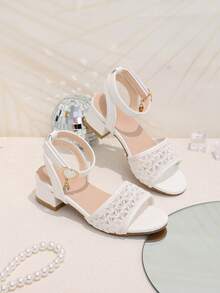 1 Pair Girls' Woven High Heel Sandals, White Mesh Pastoral Style Sweet ...