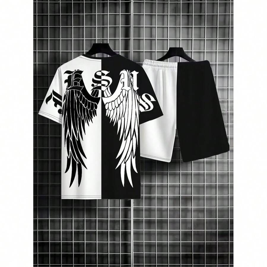 Men's Summer Fashion 2-Piece Set: Gothic Wing Print T-Shirt And Shorts ...