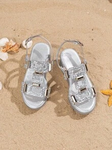 2026 Summer New Silver Sequin Wedge Sandals, Metal Block Decor ...
