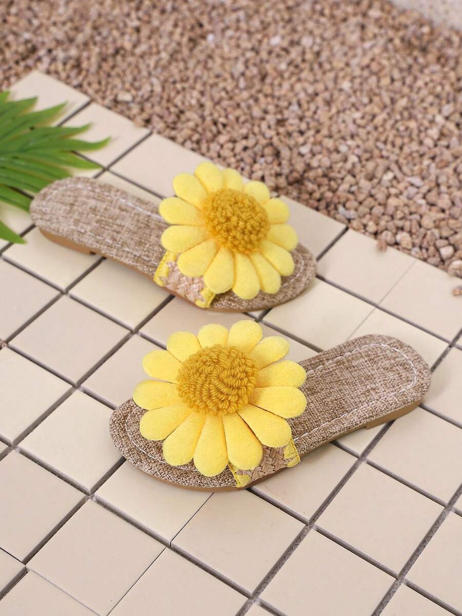 Girls Sunflower Flower Slide Sandals, Summer New Linen Flat Outdoor ...
