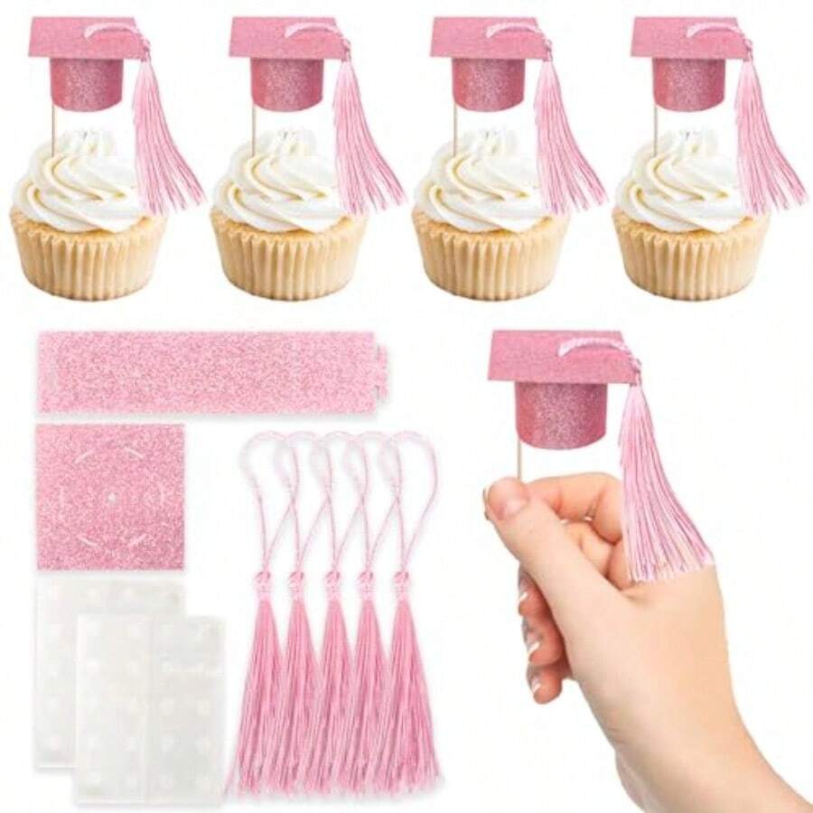 24 Pack Pink 2026 Uation Cap Cupcake Toppers Wit Tassel Class Of 2026 ...