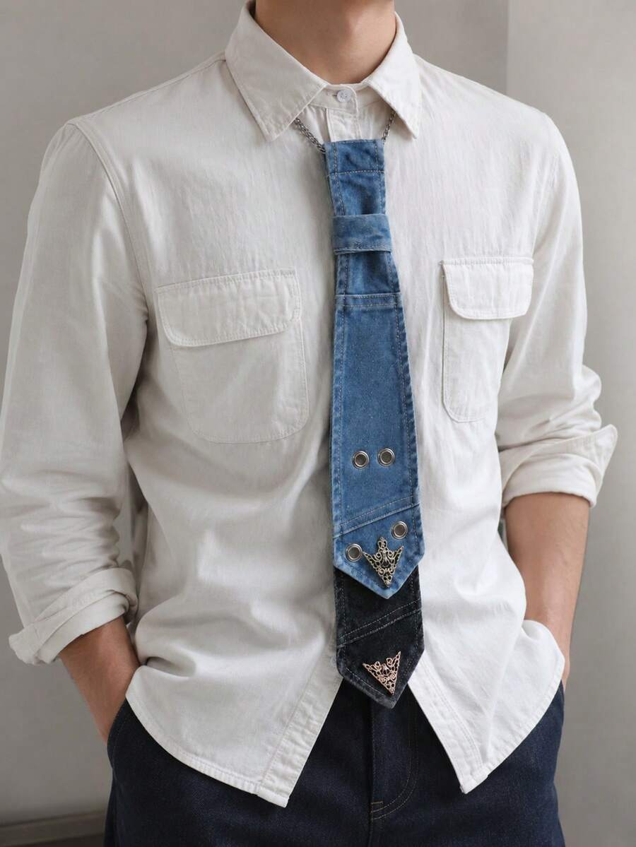 1pc Men's Fashion Casual Denim Fabric Adjustable Chain Bib Tie ...