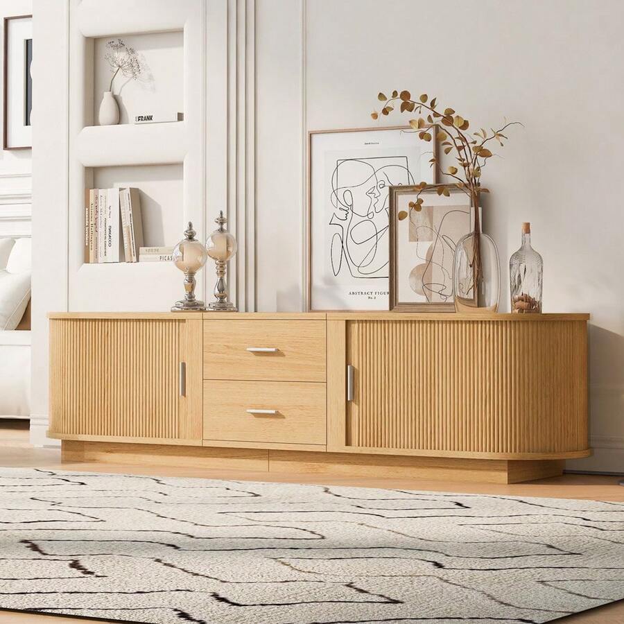 MERAX Modern TV Stand With Drawers, Hidden Sliding Storage, Rounded ...