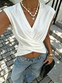 Women's Fashion Deep V-Neck Criss-Cross Design T-Shirt, Casual Summer ...