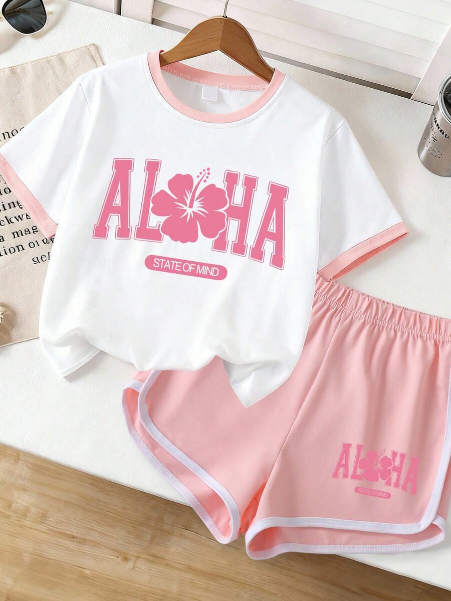2pcs/Set Teen Girls Round Neck Short Sleeve T-Shirt With Minimalist ...