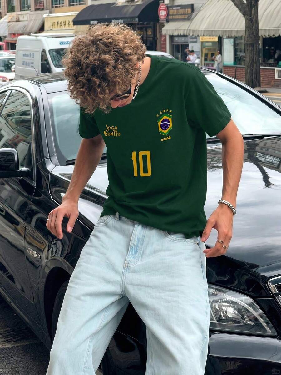 1pc Boys' Summer New Brazil Team No.10 Print Short Sleeve T-Shirt ...