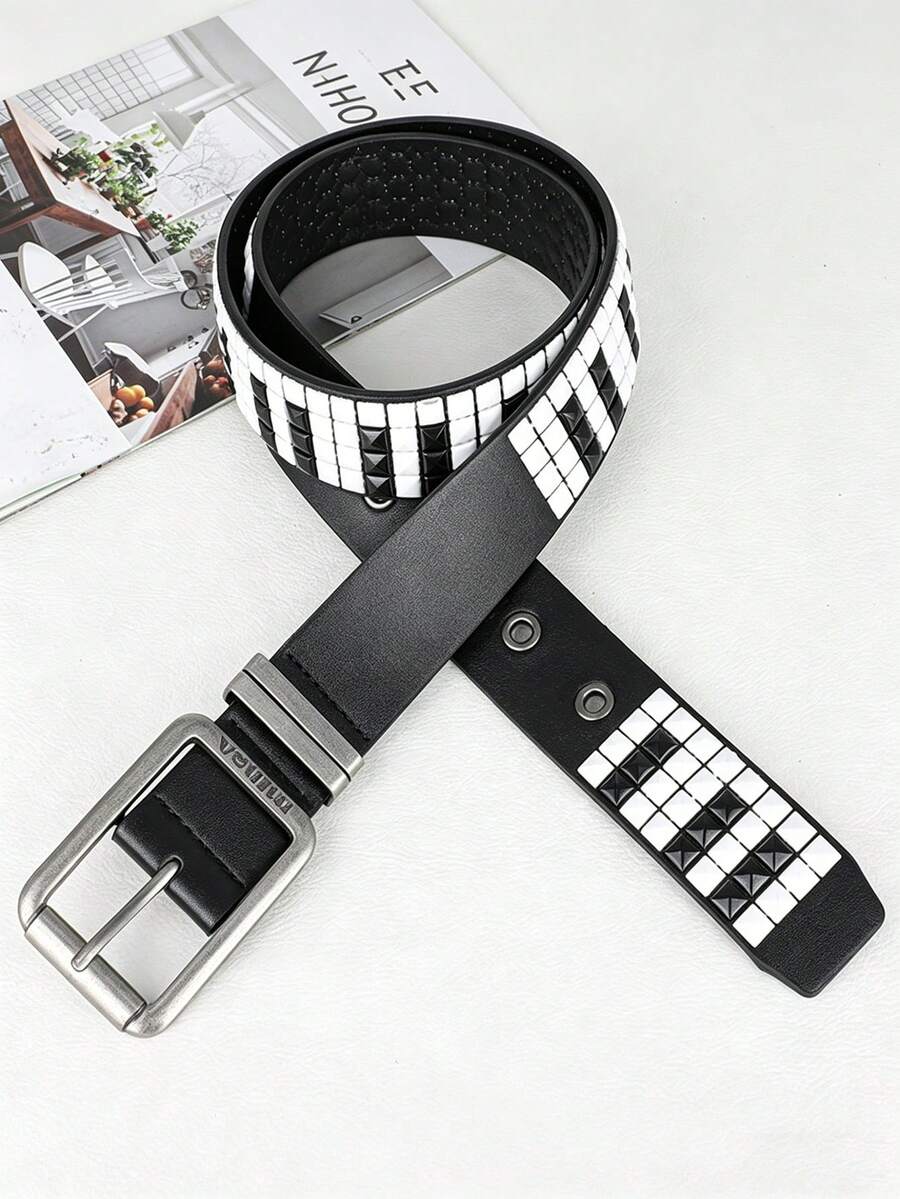 Punk Black & White Pyramid Rivet Piano Key Belt With Vintage Alloy ...