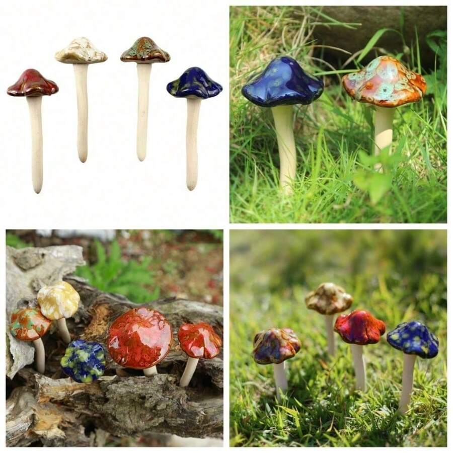 Ceramic Mushroom Garden Decor Set Of 4 Fairy Garden Ornaments Pottery ...
