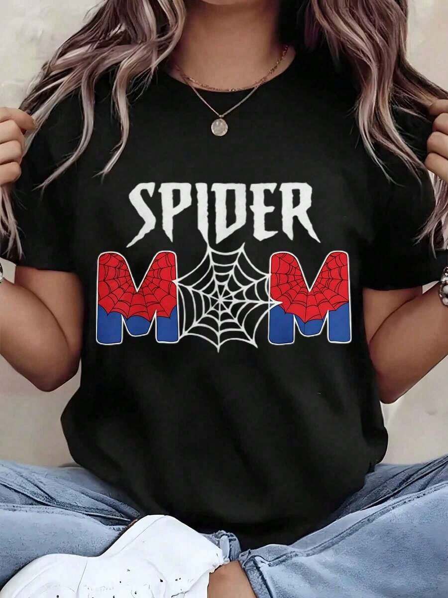 Women T Shirt Spider Mom Print Graphic Round Neck Casual Wear Gift 220g ...