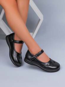 Children's Black Oxford Shoes, Floral Embroidery Hook And Loop Soft ...