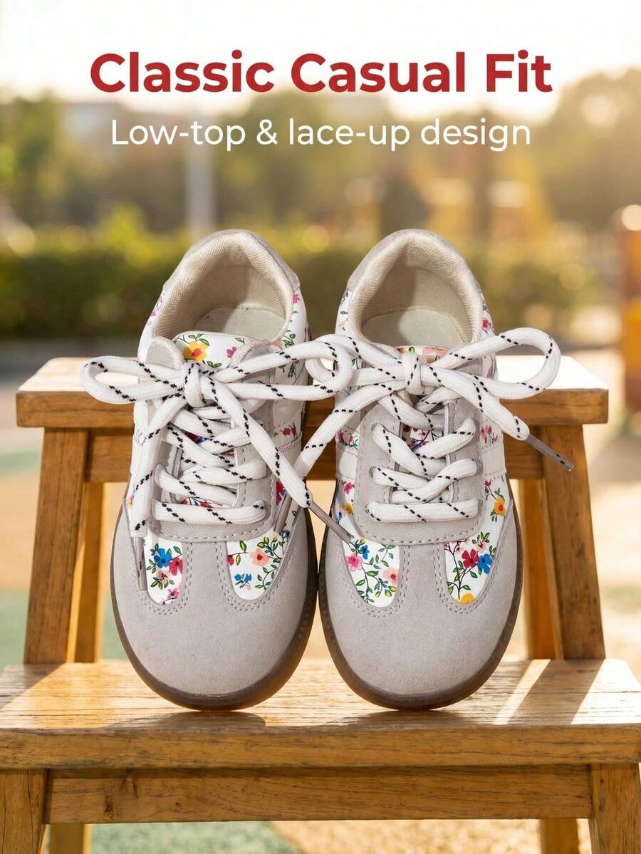 1 Pair New 2026 Floral Sneakers For Girls, PU Leather Material, Flat ...