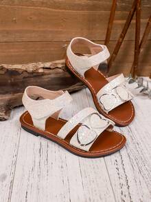 1 Pair Girls' New Glitter Heart Flat Sandals, Hook And Loop Design For ...