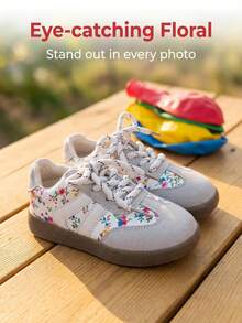 1 Pair New 2026 Floral Sneakers For Girls, PU Leather Material, Flat ...