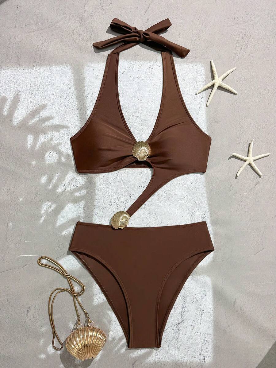Women's Sexy Brown Spaghetti Strap One-Piece Swimsuit With Gold Shell ...