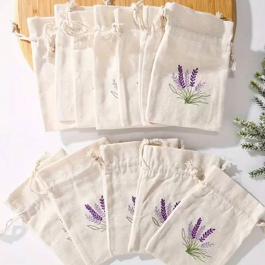 1/6/12pcs Faux Linen Canvas Drawstring Pouches, Lavender Embroidered ...
