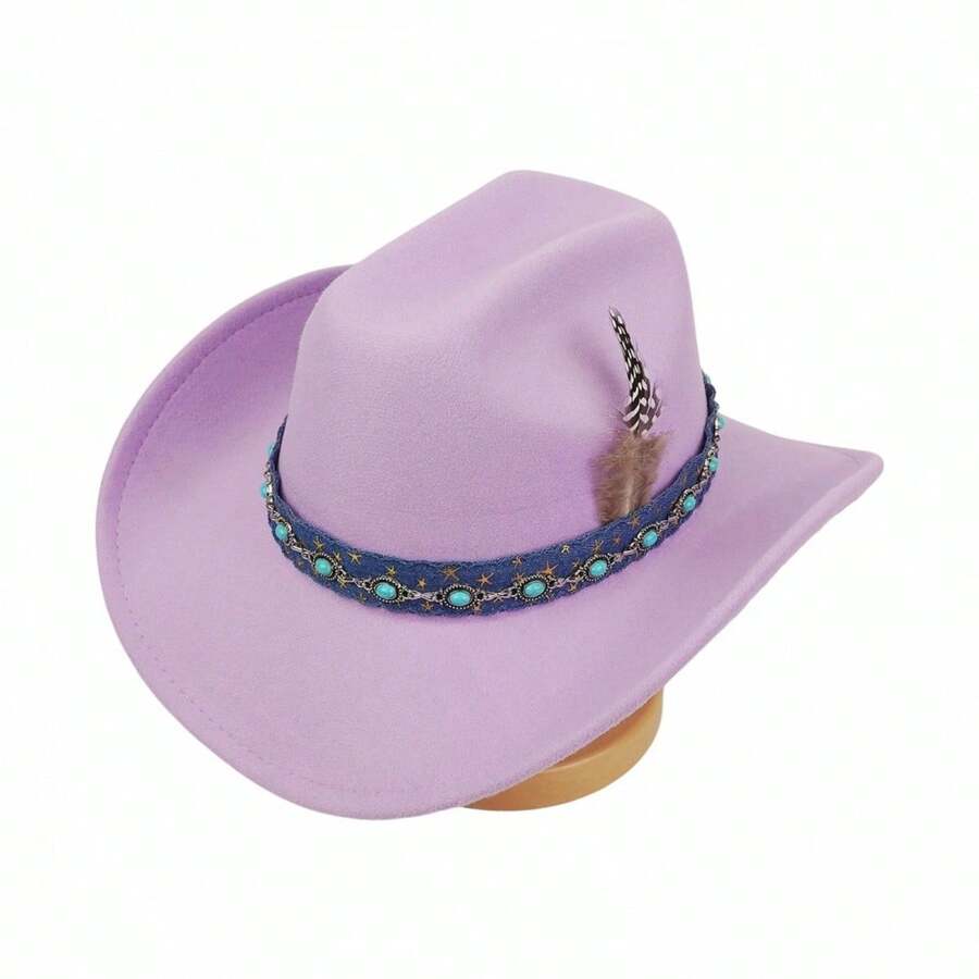 Women's Vintage Western Felt Hat, Wide Brim Fedora With Turquoise Band ...
