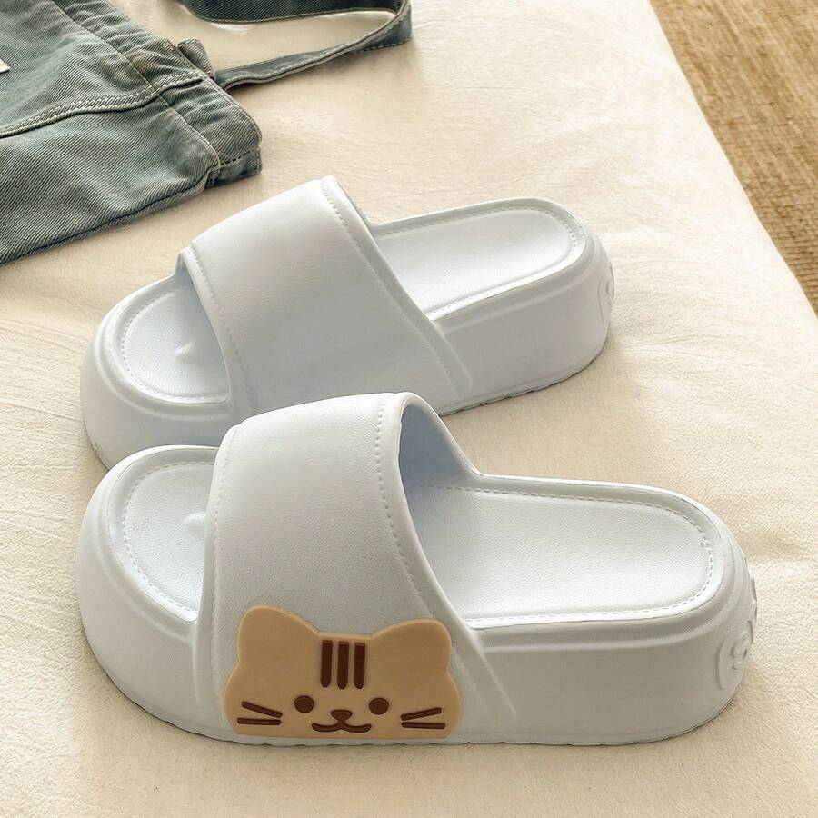 Women's Thick Bottom Slippers Flat Sandals Cartoon Cat Pattern Thick ...
