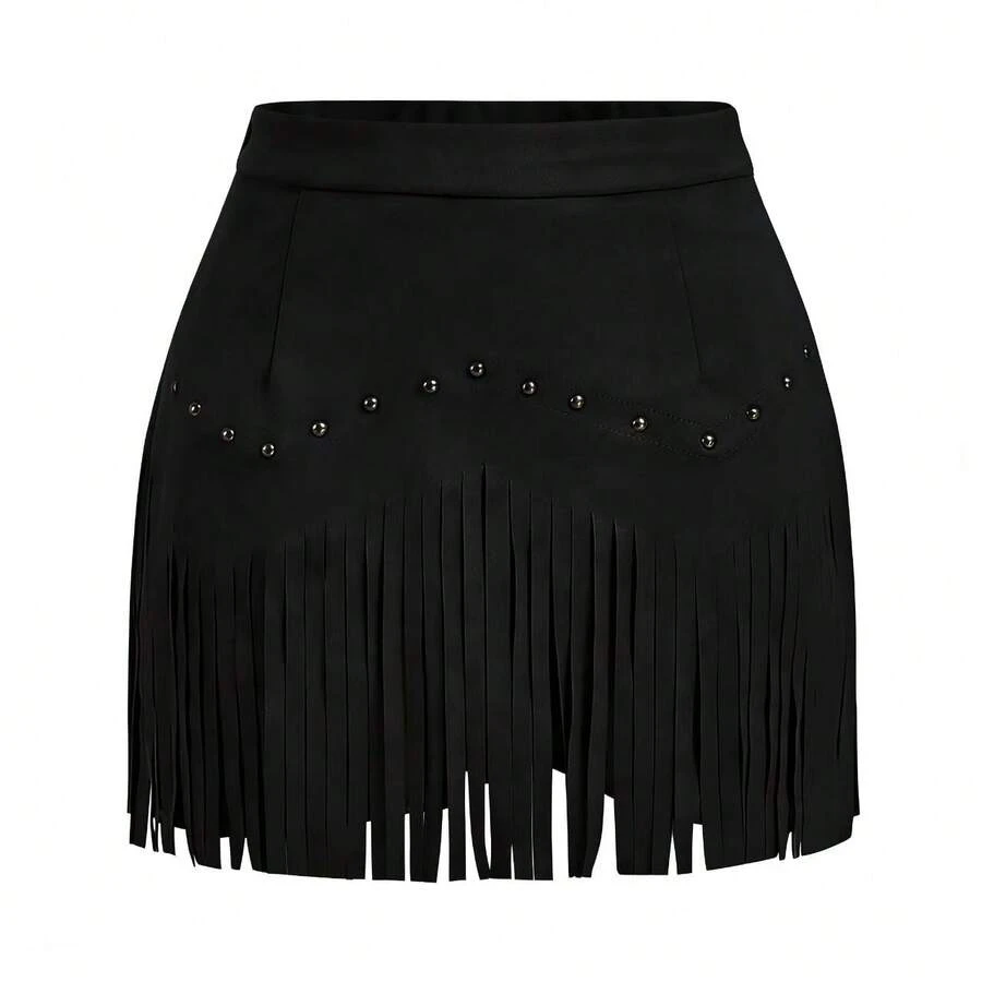 Women's Vintage Tassel Hem A-Line Skirt, With Tassel Trim And No ...