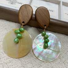 1 Pair New Retro Personalized Natural Wood Earrings With Natural Shell ...