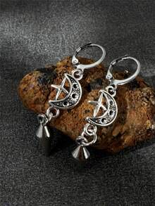 Gothic Style Moon, Cross, Star Cone Pendant, Black Y2K Earrings, Moon ...