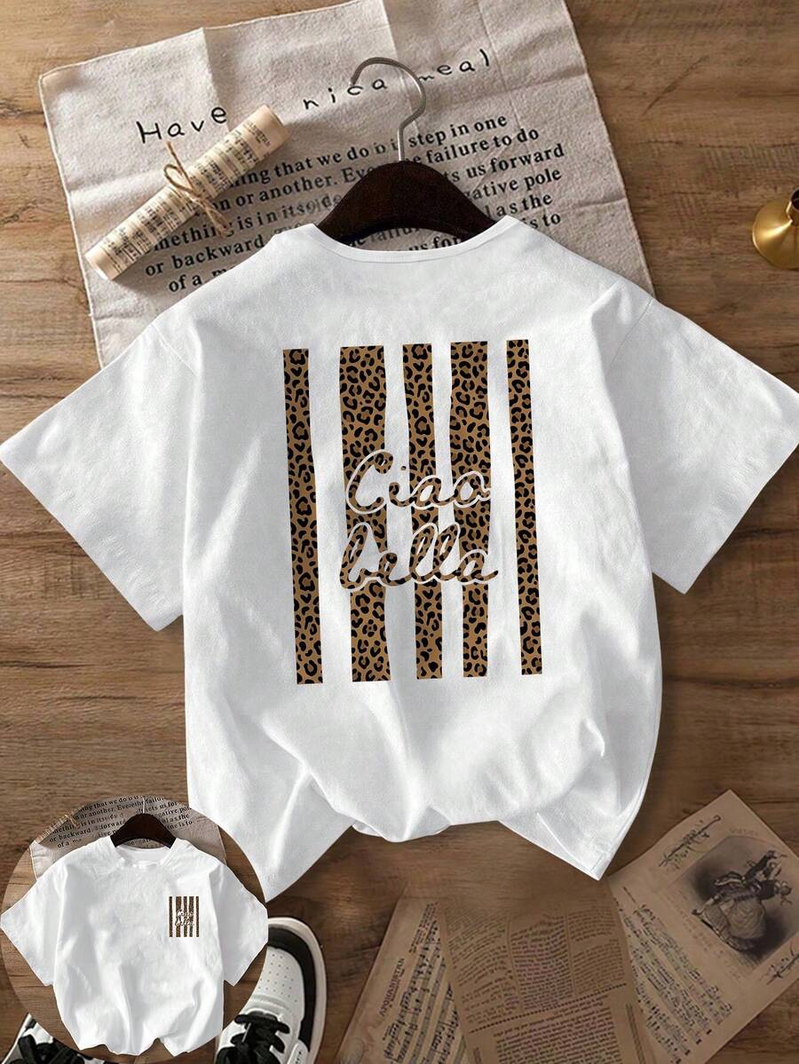 Plus Size Women "Ciao Bella" Leopard Print Round Neck Short Sleeve ...