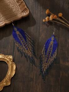 SOUL BEADING 1 Pair Vintage Navy Blue & Gold Beaded Tassel Earrings ...