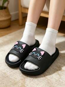 Cartoon Black Cat Cute Slippers, Women's Thick Sole One-Strap Slides ...