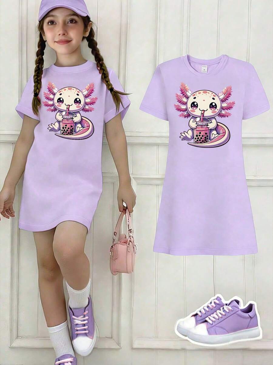 Big Girls Casual Short Sleeve T-Shirt Dress, Cartoon Salamander Print ...