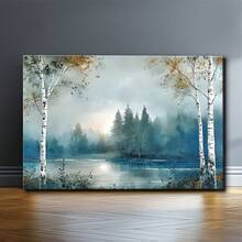2D Flat 1pcs Edged Canvas Wall Art Lake And Birch Tree Watercolor ...
