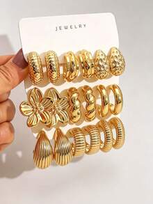 9 Pairs/Set Assorted Gold Tone Hoop Earrings Set, Textured & Floral ...