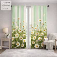 2pcs Fresh Green Striped Daisy Print Curtains, Rod-Mount Design, 2D ...