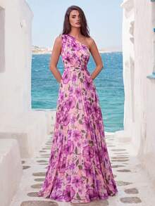 Faeriesty Floral Print Elegant Formal Dress, One-Shoulder Design With ...