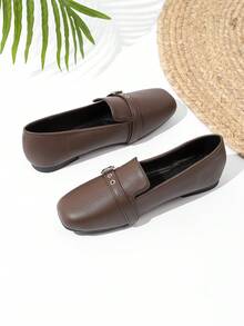 Flat Leather Shoes With Buckle, Lizard Grain Texture, Grandma Shoes For ...