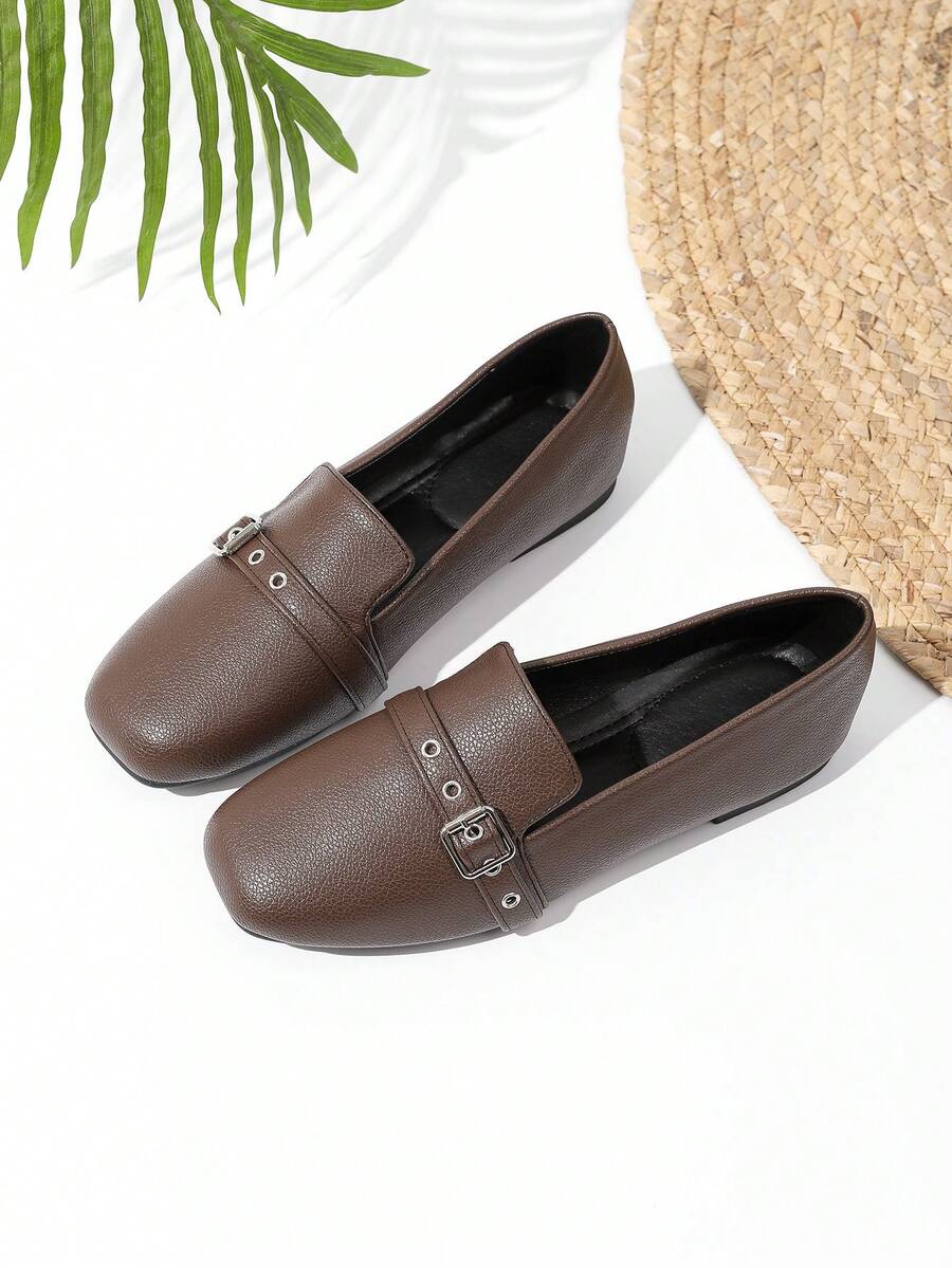 Flat Leather Shoes With Buckle, Lizard Grain Texture, Grandma Shoes For ...