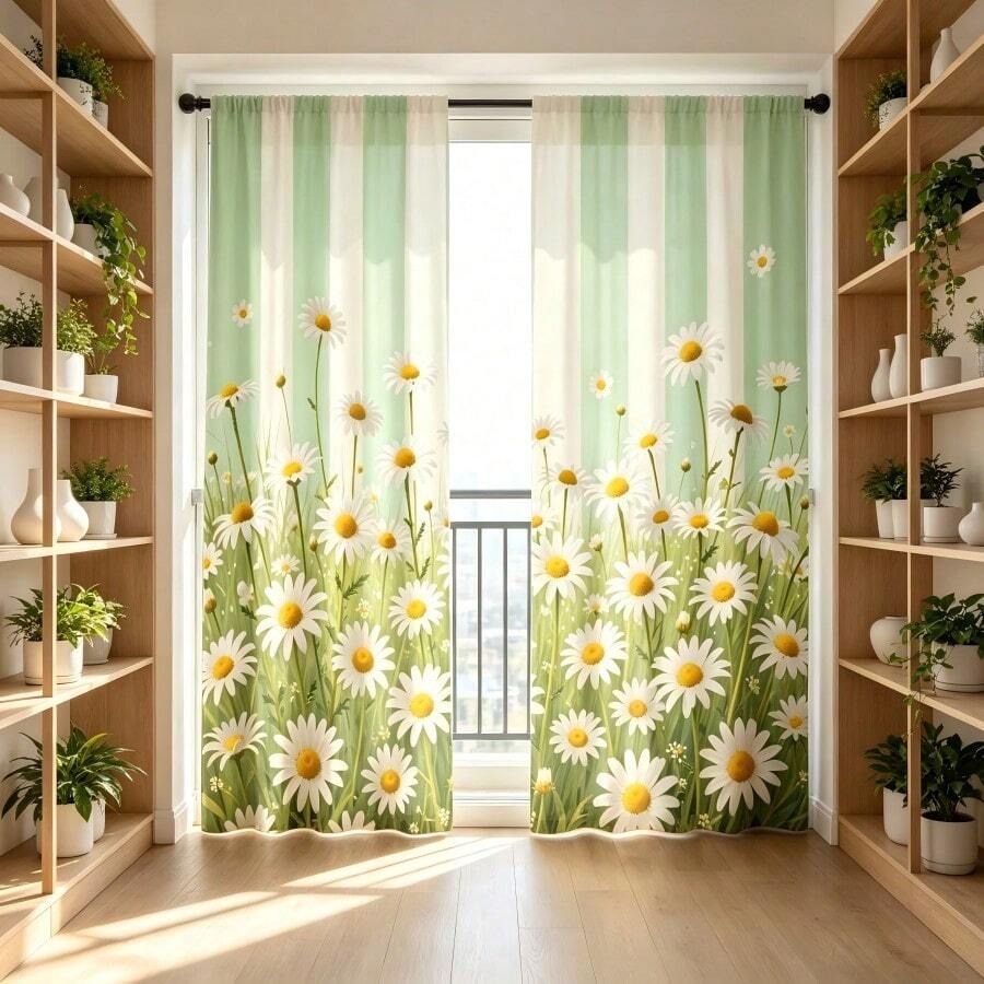 2pcs Fresh Green Striped Daisy Print Curtains, Rod-Mount Design, 2D ...
