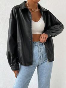 2026 Hot Women Lapel Zip Up Faux Leather Loose Drop Shoulder Long ...