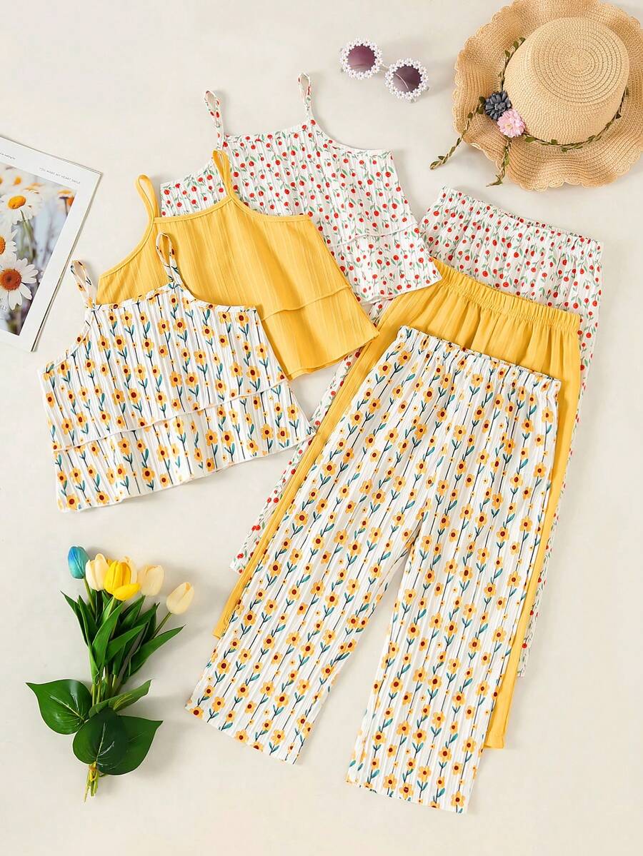 Girls 6pcs Floral + Solid + Cherry Pattern Textured Camisole Top ...