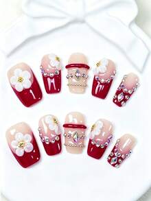 10pcs Square Handmade Short Nail Tips, Cute Y2K Summer Red French Fake ...