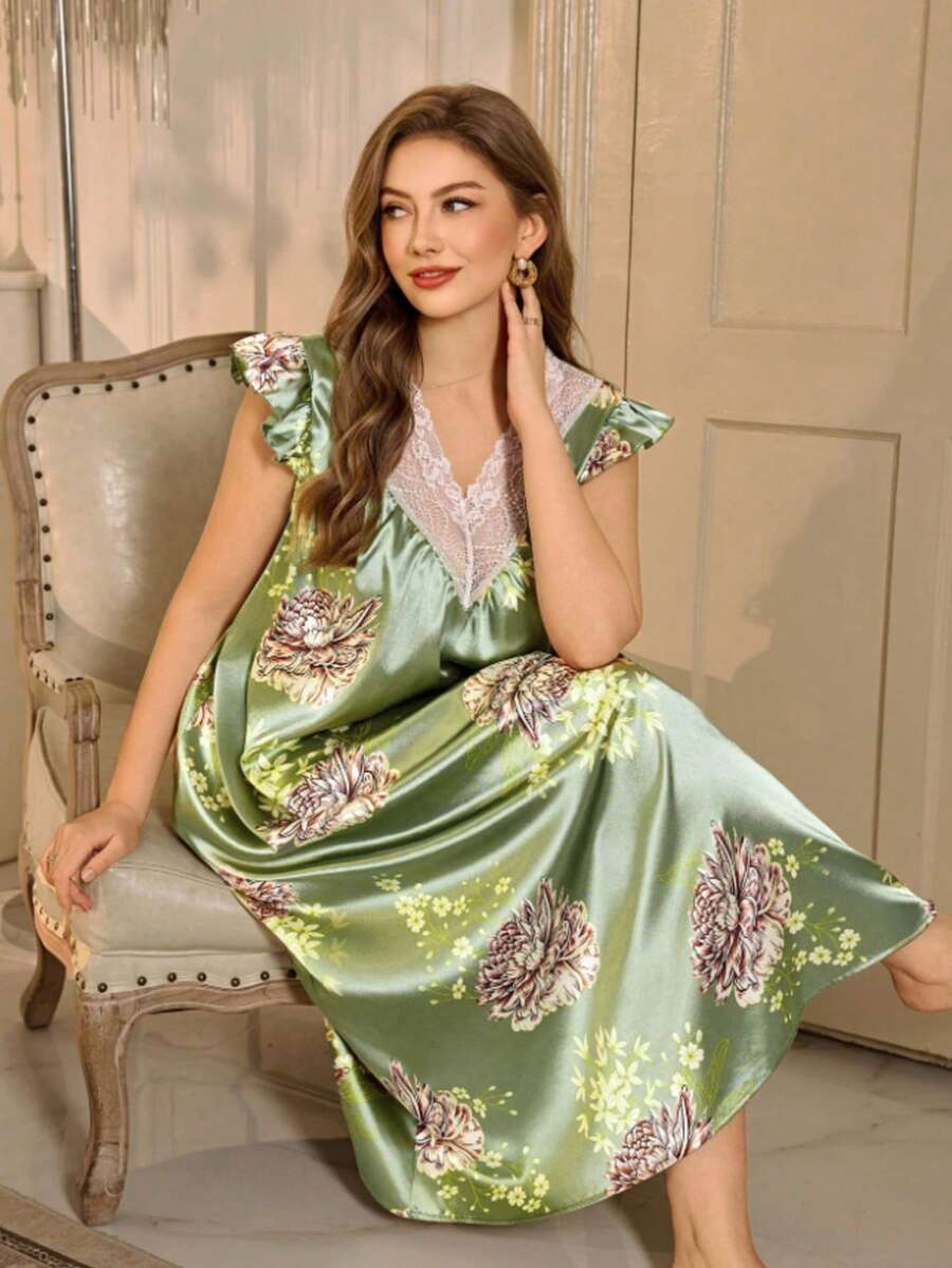 Plus Size Women Floral Print Lace Patchwork Elegant Comfortable V-Neck ...