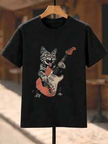 Men's Cat and Guitar Graphic T-Shirt, Fall, Crew Neck, Relaxed Fit ...