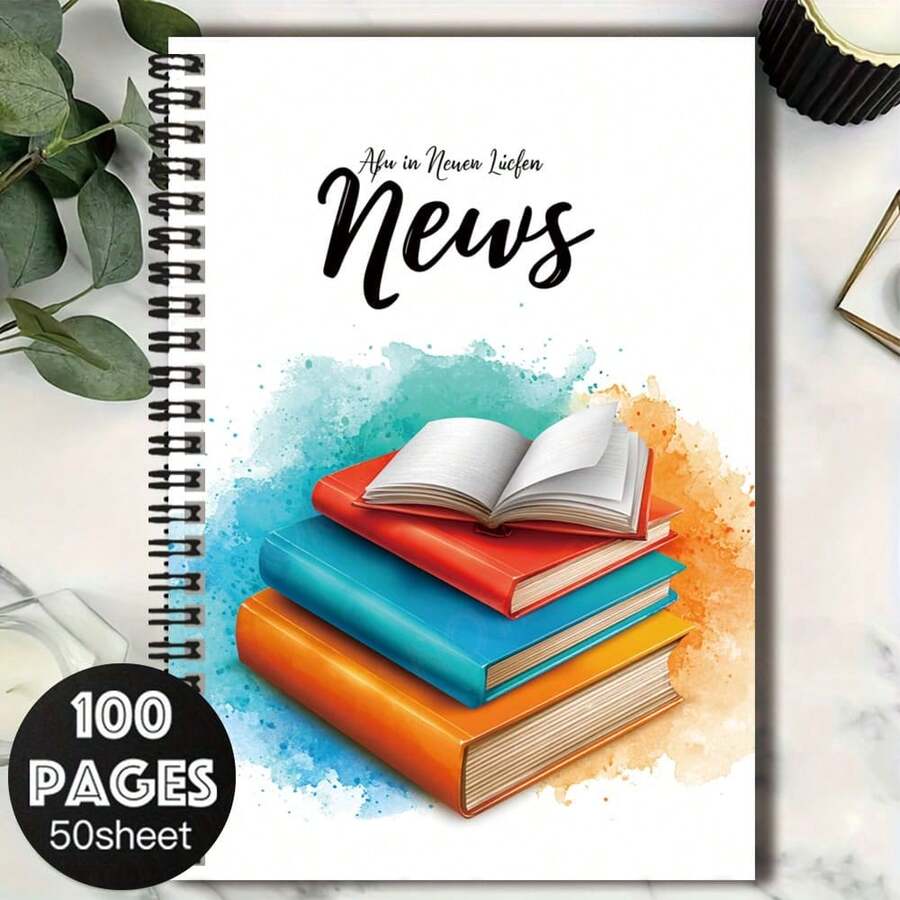 100-Page Spiral Notebook With Artistic Book Pattern, Ample Writing ...