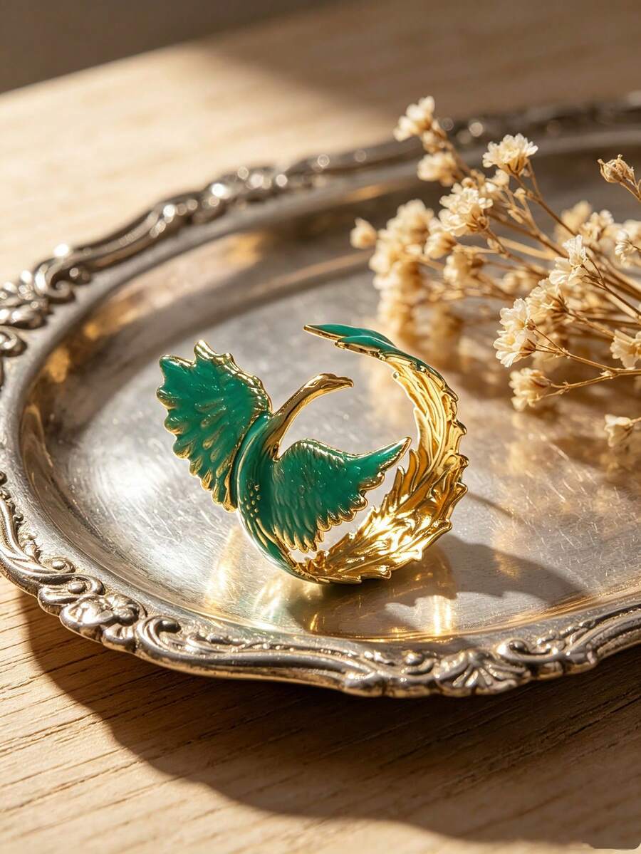 1pc Vintage Green Enamel Phoenix Bird Wing Open Ring, Floral & Animal ...