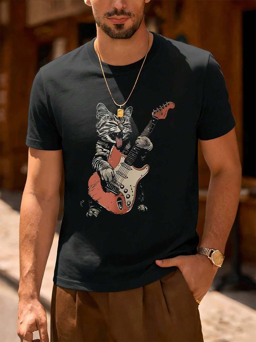 Men's Cat and Guitar Graphic T-Shirt, Fall, Crew Neck, Relaxed Fit ...