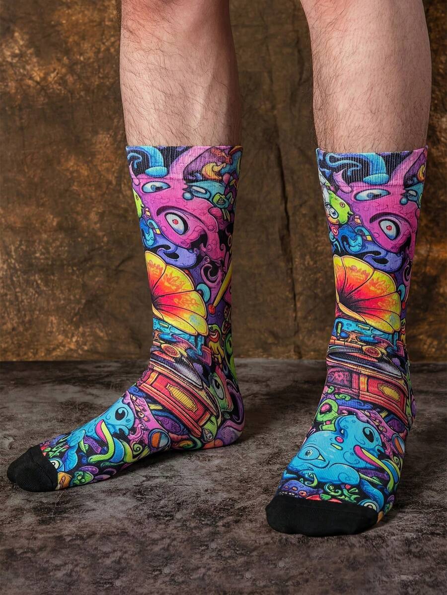 1/3 Pairs Graffiti Style Mid-Calf Socks, Cartoon Monster, Retro ...